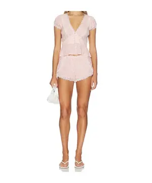 LoveShackFancy Bondy Lace Trim Peplum Top - Nude