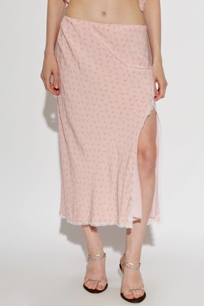 LoveShackFancy Floral Print Midi Skirt With Lace Trim - Nude