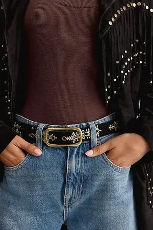 Free People Blossom Suede Belt With Embroidery And Studs - Black