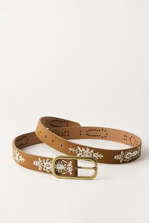 Free People Blossom Suede Belt With Embroidery And Studs - Cognac