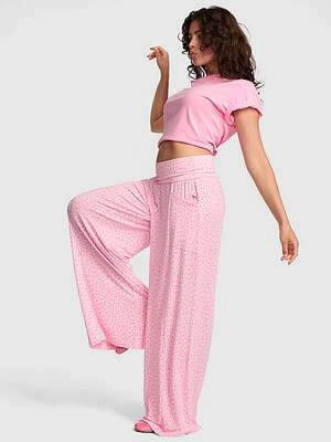Pink 24/7 Lounge Modal Foldover Wide-leg Pants - Print