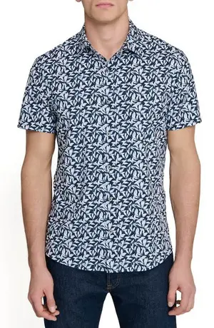 W.R.K Leaf Print Short Sleeve Performance Button-up Shirt - Navy
