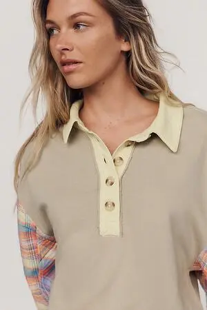 PILCRO 100% Cotton Mixed Knit Pullover With Plaid Sleeves And Contrasting Collar - Green Pattern