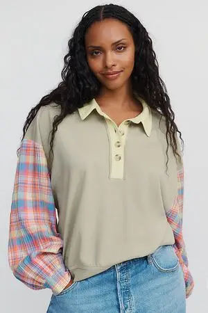 PILCRO 100% Cotton Mixed Knit Pullover With Plaid Sleeves And Contrasting Collar - Green Pattern