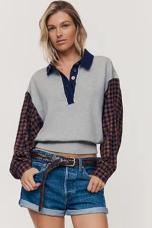 PILCRO 100% Cotton Mixed Knit Pullover With Plaid Sleeves And Contrasting Collar