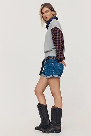 PILCRO 100% Cotton Mixed Knit Pullover With Plaid Sleeves And Contrasting Collar