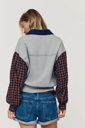 PILCRO 100% Cotton Mixed Knit Pullover With Plaid Sleeves And Contrasting Collar