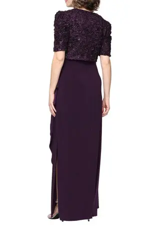 Alex Evenings Sequin Soutache Bodice Empire Waist Chiffon Gown With Bolero Jacket - Deep Plum