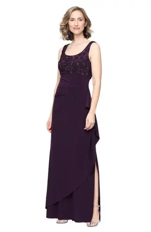 Alex Evenings Sequin Soutache Bodice Empire Waist Chiffon Gown With Bolero Jacket - Deep Plum