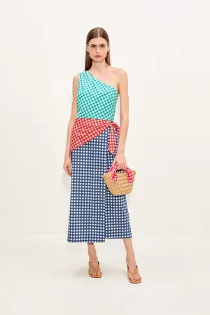 SIMONMILLER Belem Poplin Midi Dress - Teal Gingham Multi