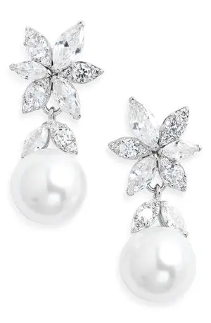 Nadri Under The Sea Cubic Zirconia & Faux Pearl Drop Earrings - Rhodium