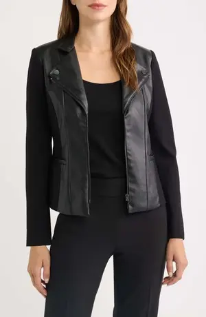 Anne Klein Faux Leather Moto Jacket With Knit Sleeves