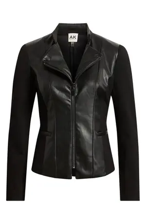 Anne Klein Faux Leather Moto Jacket With Knit Sleeves