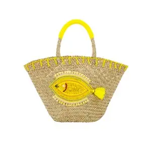 OHSUN Neutrals / Dory Straw Embroidered Beach Bag Lemon - Red