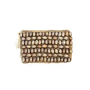 OHSUN Neutrals / Celeste Raffia & Large Cowrie Shell Clutch - Brown