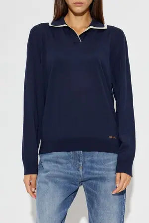 Versace Wool Long Sleeve Polo With Contrast Collar - Navy Blue