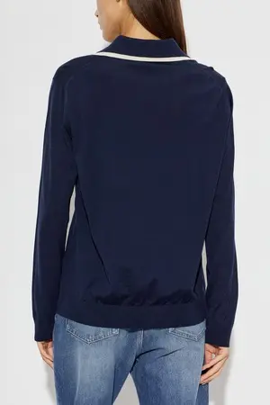 Versace Wool Long Sleeve Polo With Contrast Collar - Navy Blue
