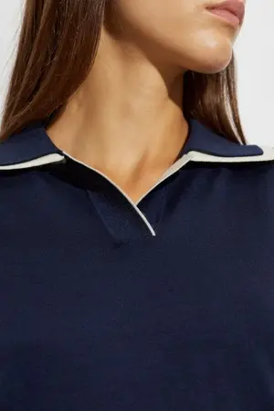 Versace Wool Long Sleeve Polo With Contrast Collar - Navy Blue
