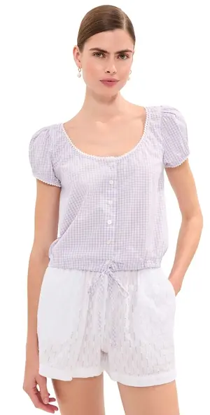 LE BOP Babydoll Blouse With Button Front And Drawstring Hem - Lilac Gingham