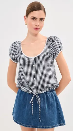 LE BOP Gingham Check Babydoll Blouse - Black Gingham