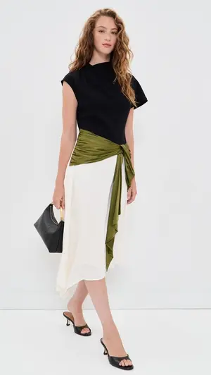 Staud Davina Dress With Silk Scarf Detail - Black/pear Multi