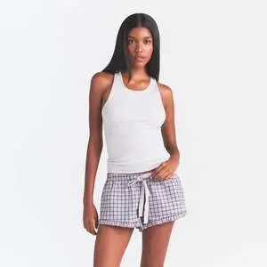 SKIMS Pajama Ruffle Short | Blue | | Cotton Poplin - Iris Mica Navy Check