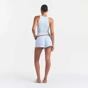 SKIMS Pajama Ruffle Short | Blue | | Cotton Poplin - Marina Mesh Stripe