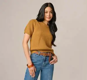 Adrianna Papell Short Sleeve Shaker Knit Pullover Sweater - Butternut