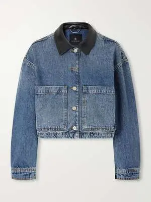 ANINE BING Yuma Cropped Textured-trimmed Denim Jacket - Blue
