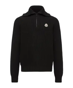 Moncler Ribbed Wool Half-zip Sweater With Logo Patch