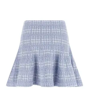 SELF-PORTRAIT Checked Flared Knitted Skirt - Blue
