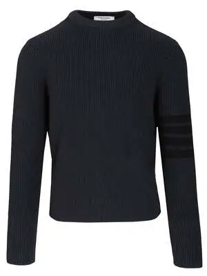 Thom Browne Ribbed Cotton Sweater With Signature Stripes - Blue