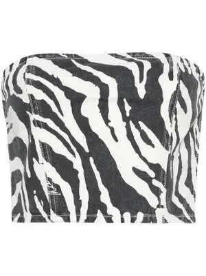 ROTATE BY BIRGER CHRISTENSEN ROTATE Cotton Denim Zebra Print Strapless Crop Top
