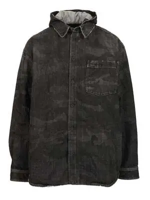 Balenciaga Distressed Denim Parka With Embroidered Logo - Black