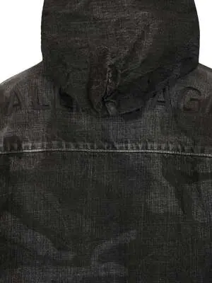 Balenciaga Distressed Denim Parka With Embroidered Logo - Black