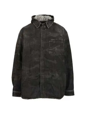 Balenciaga Distressed Denim Parka With Embroidered Logo - Black