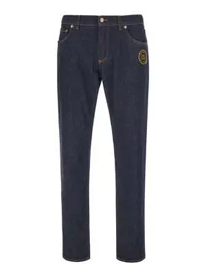 Dolce & Gabbana Blue Slim Jeans With Embroidered Logo On The Front In Denim For - Multicolor