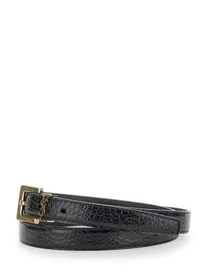 Saint Laurent Thin Belt With Cassandre Detail In Crocodile-embossed Leather - Brown