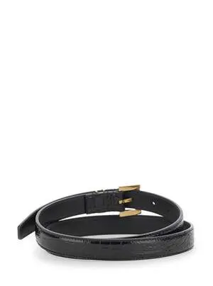 Saint Laurent Thin Belt With Cassandre Detail In Crocodile-embossed Leather - Brown