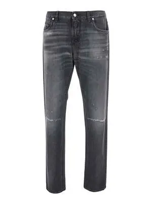Dolce & Gabbana Grey Jeans With Ripped Details And Logo Patch On The Pocket In Denim For - Multicolor