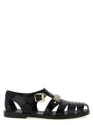 Moschino Jelly Fisherman Sandals With Gold Lettering Logo - Black
