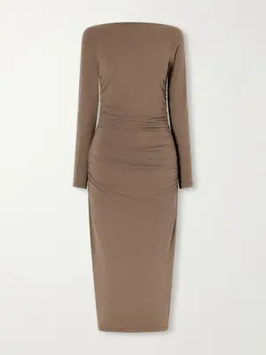 JAMES PERSE Ruched Gathered Cotton-blend Midi Dress - Brown