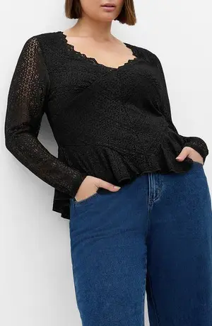 City Chic Lola Long Sleeve Lace Peplum Shirt