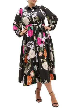 City Chic Mary Floral Print Long Sleeve Shirtdress - Blk Botanique