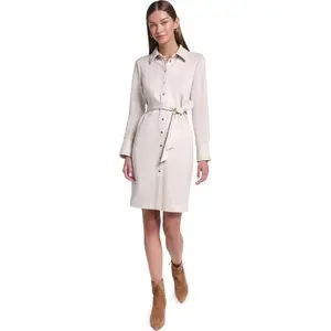 Halston Long Sleeve Suede Shirt Dress - Beige