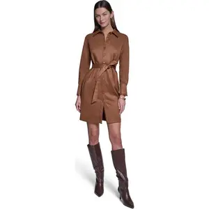Halston Long Sleeve Suede Shirt Dress - Cognac