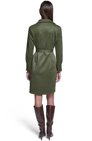 Halston Long Sleeve Suede Shirt Dress - Olive