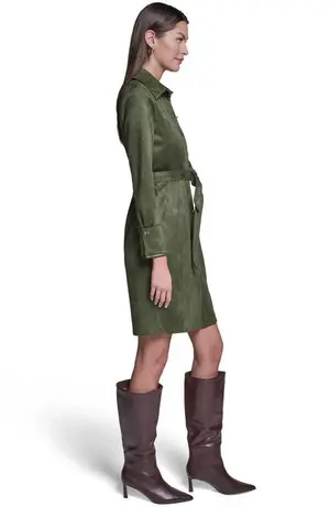 Halston Long Sleeve Suede Shirt Dress - Olive