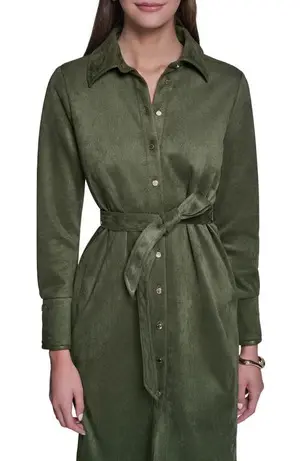 Halston Long Sleeve Suede Shirt Dress - Olive