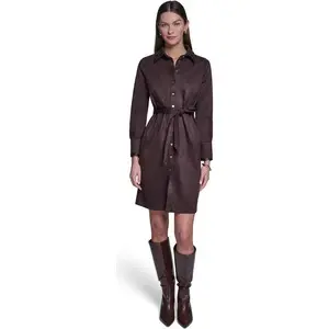 Halston Long Sleeve Suede Shirt Dress - Rich Mocha